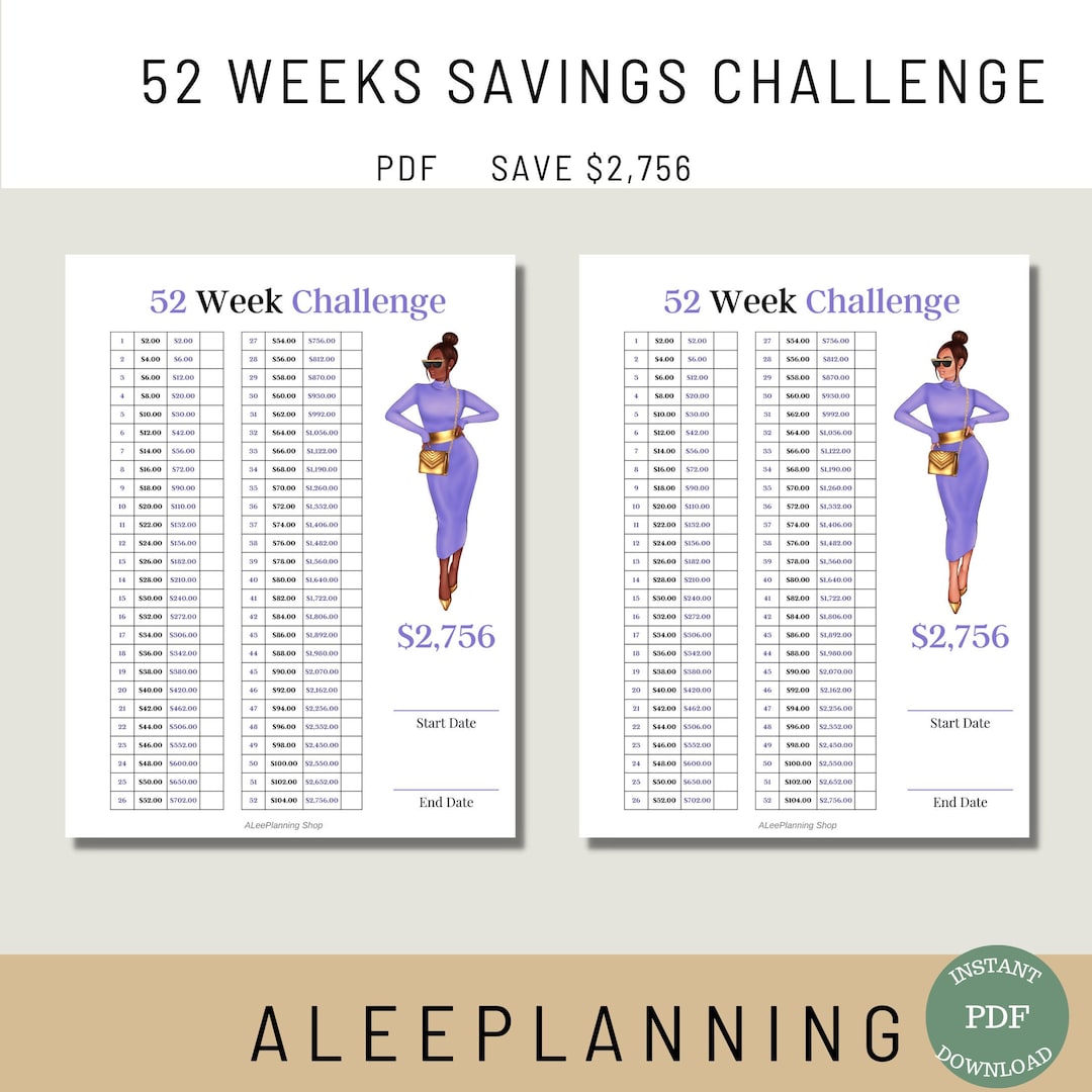 52 Week Money Savings Challenge Printable | 52 Week Tracker |2 Dollar ...
