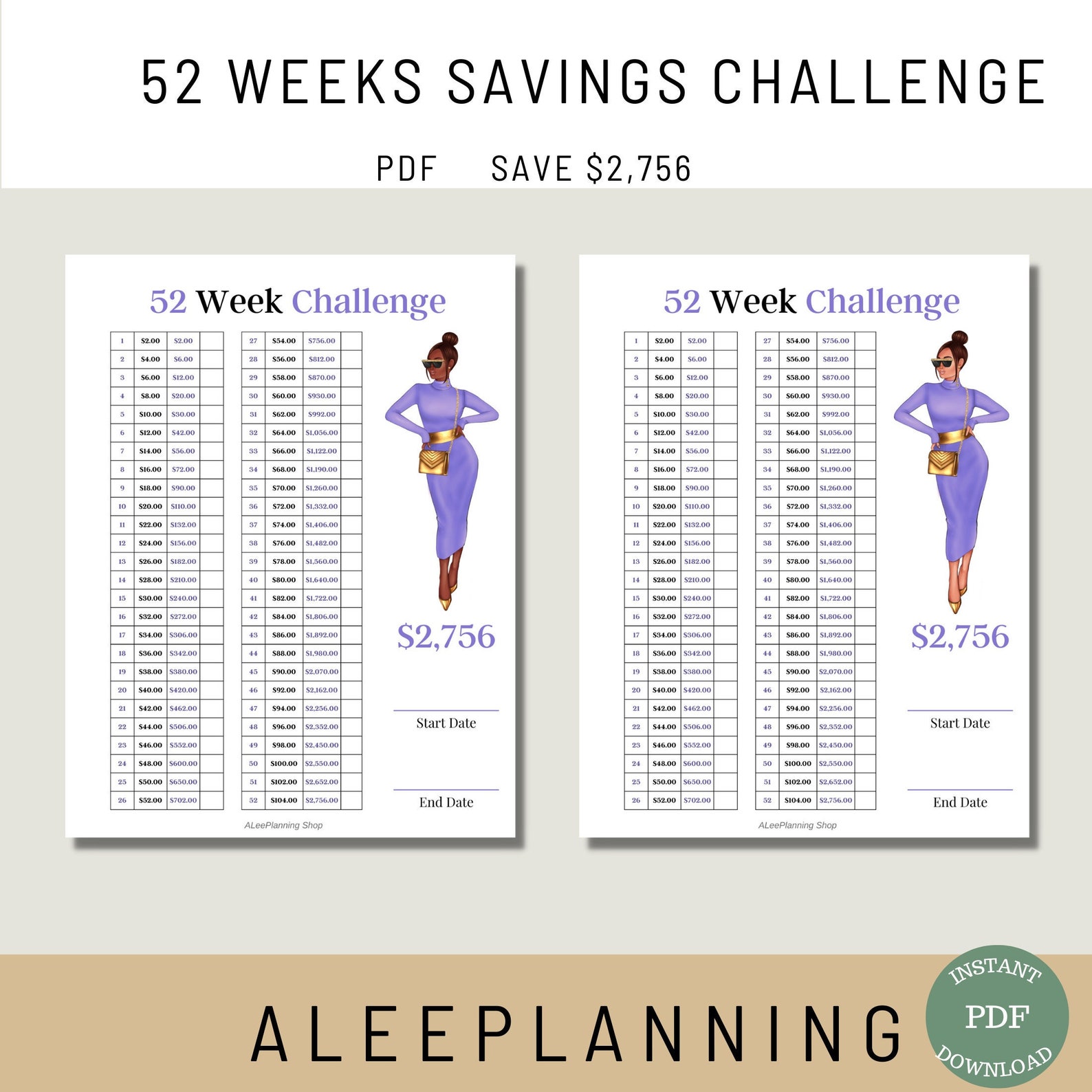 52 Week Money Savings Challenge Printable | 52 Week Tracker |2 Dollar ...
