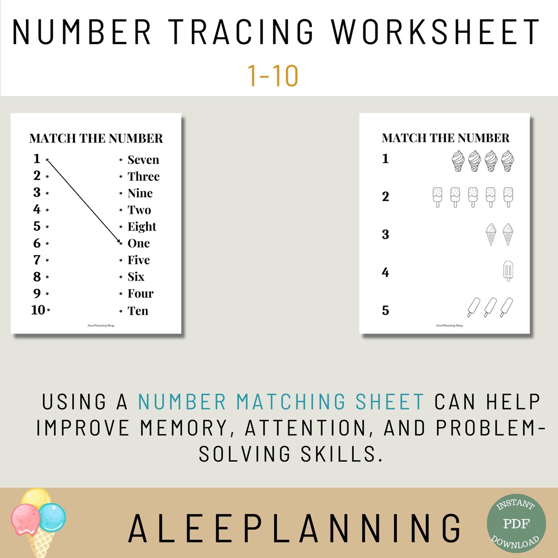Number Tracing Worksheet Ice Cream 1-10 Tracing Dot Numbers - Etsy