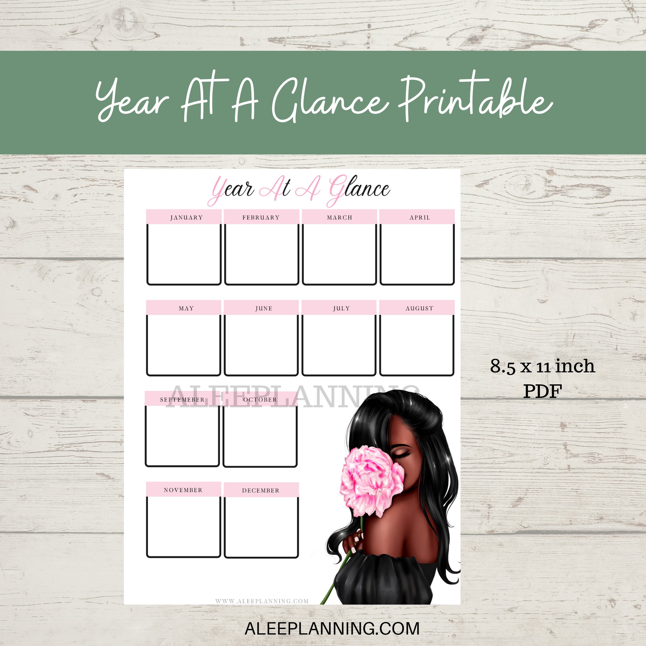 Year at A Glance Printable Yearly Overview Planner Insert PDF Pink ...