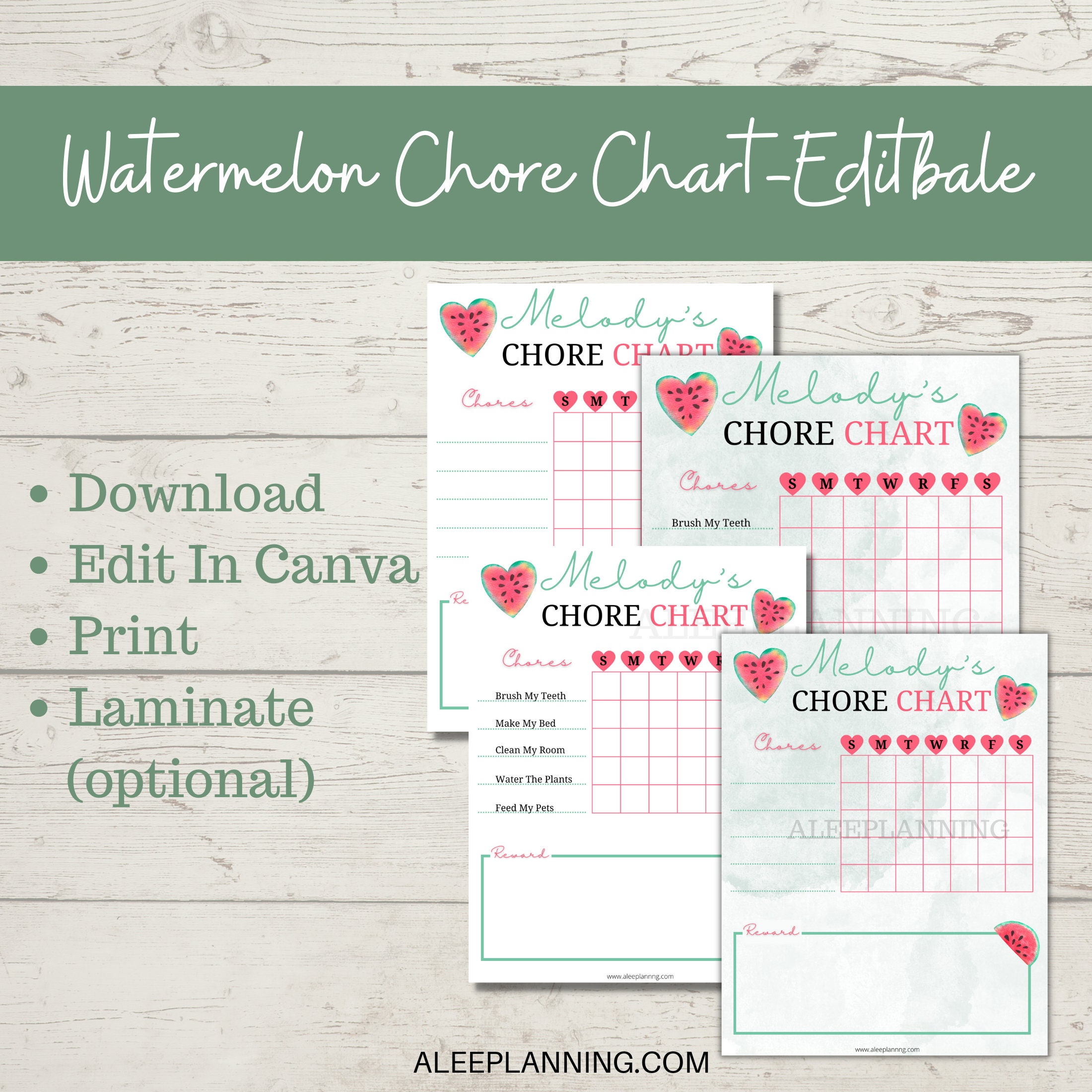 Watermelon Chore Chart Canva Chore Chart Printable Editable Kids Reward ...