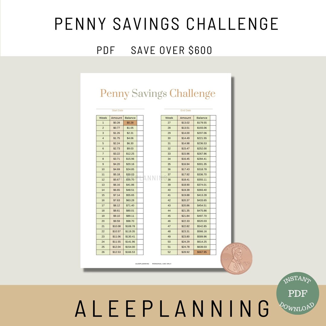 Penny Savings Challenge Weekly Penny Savings Tracker Cash Stuffing ...
