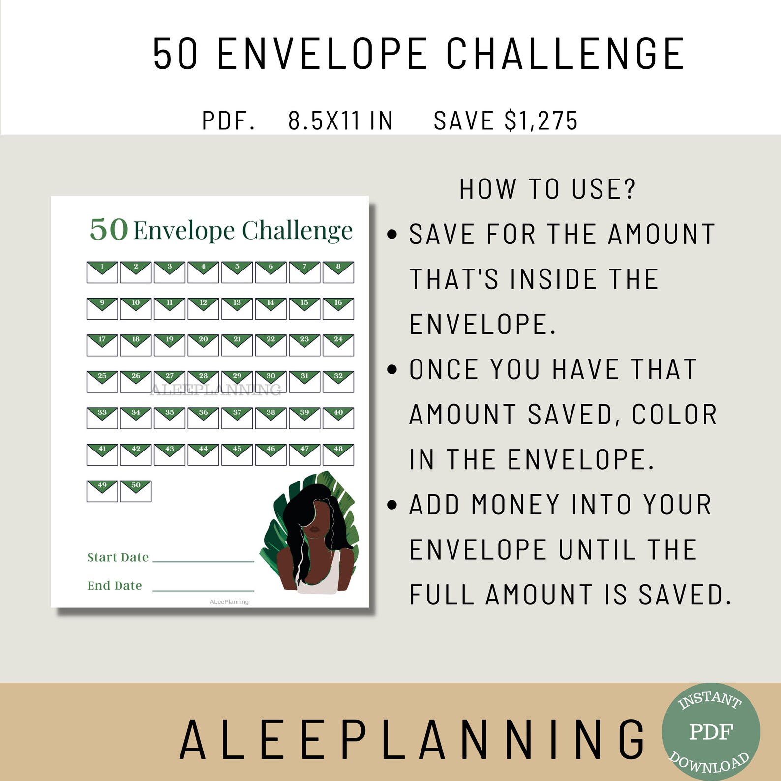 50 Envelope Challenge Printable Green 50 Envelope Savings Challenge 1k ...