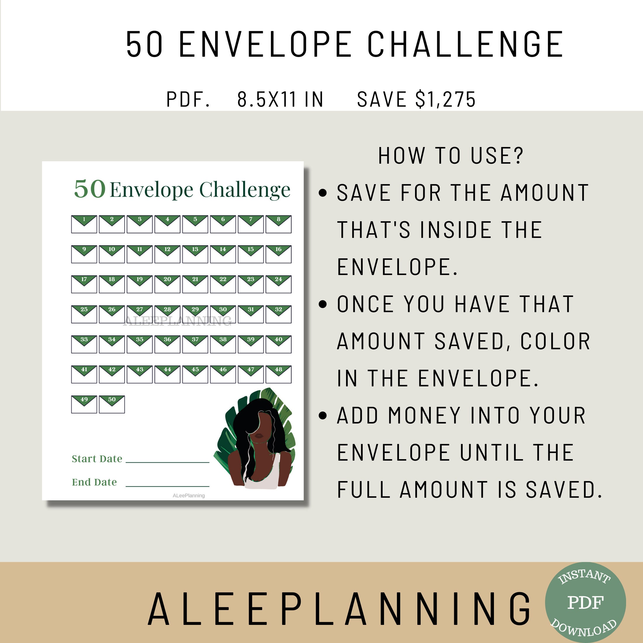 50 Envelope Challenge Printable Green 50 Envelope Savings Challenge 1k ...