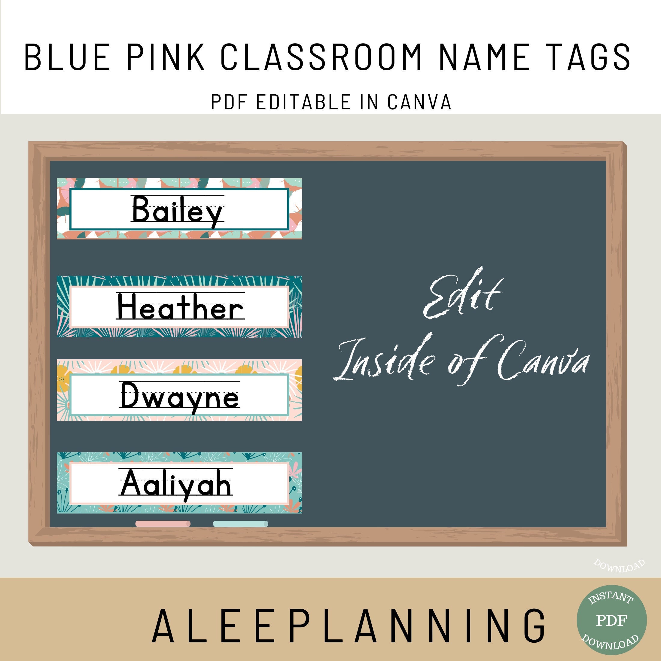 Editable Classroom Name Tags: Blue & Pink Decor (canva PDF) - Etsy
