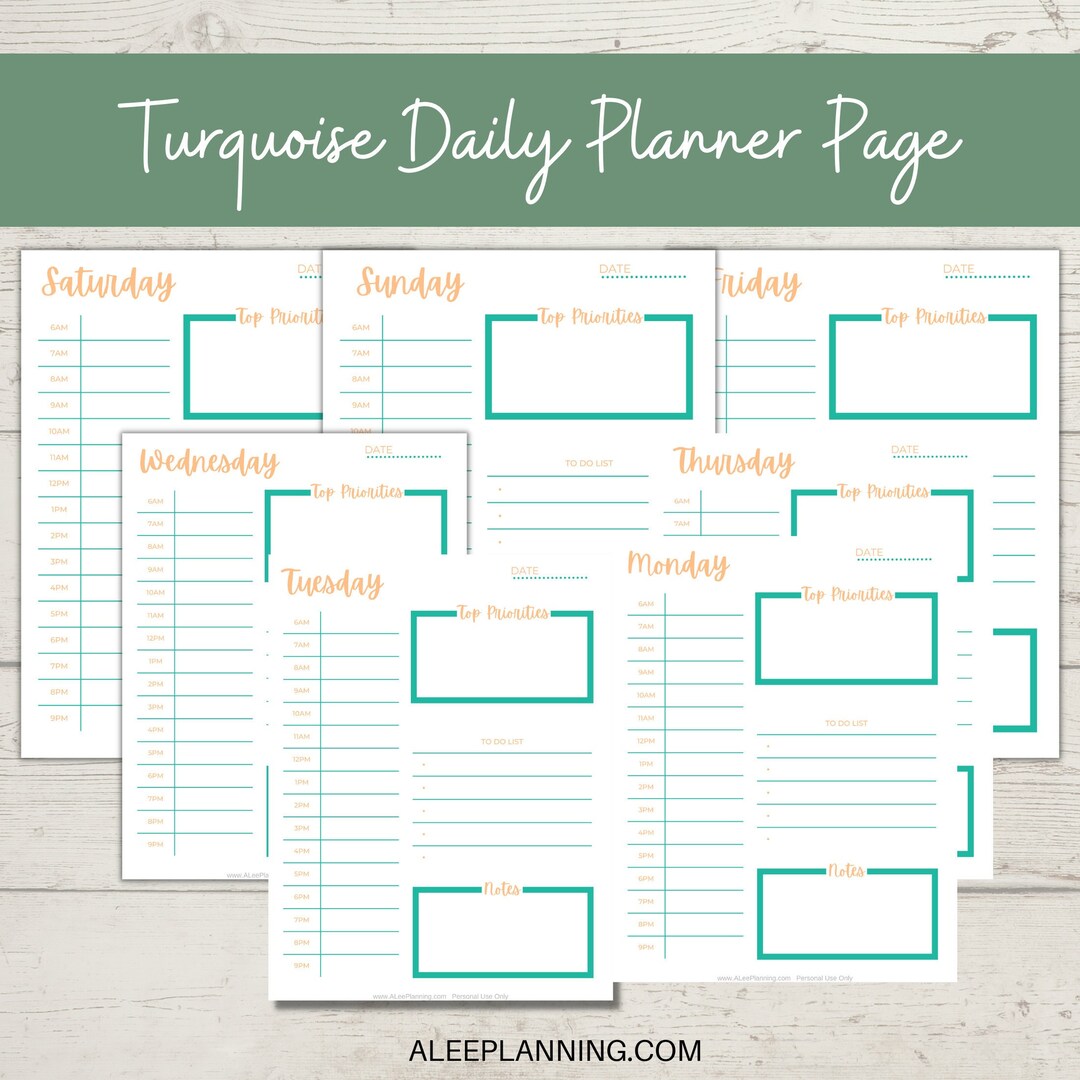 Turquoise Daily Planner Printable Daily Schedule Hourly - Etsy