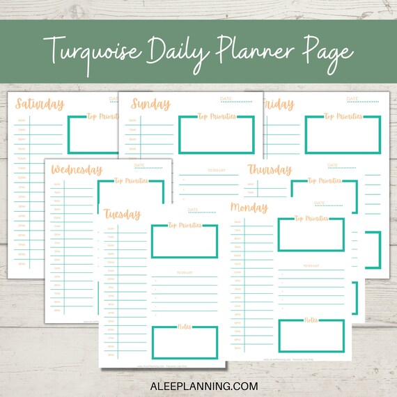 Turquoise Daily Planner Printable Daily Schedule Hourly | Etsy