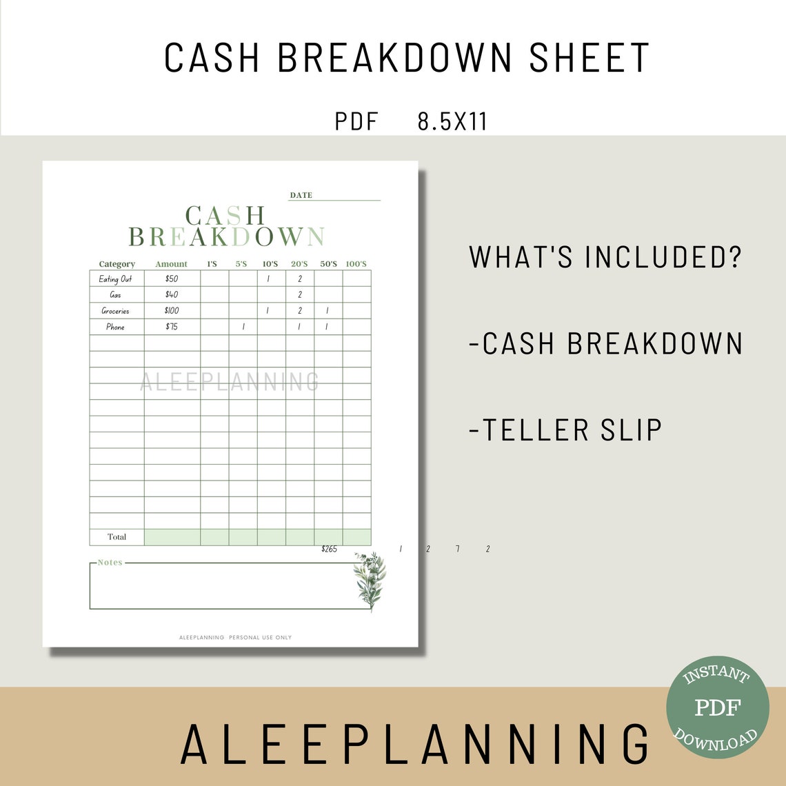 Cash Breakdown Sheet Cash Teller Slip Cash Worksheet Cash Envelope ...
