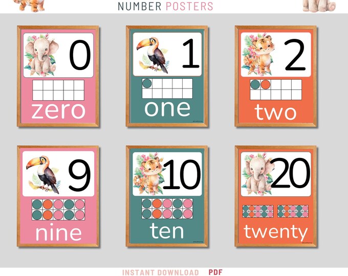 JUNGLE NUMBER POSTERS, Printable Safari Theme Numbers 1-20 With Tens ...