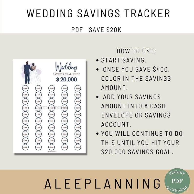 Wedding Savings Challenge Printable | 20K Savings Goal| Wedding Savings ...