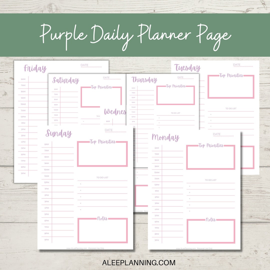 Purple Daily Planner Printable Daily Schedule Hourly Planner - Etsy