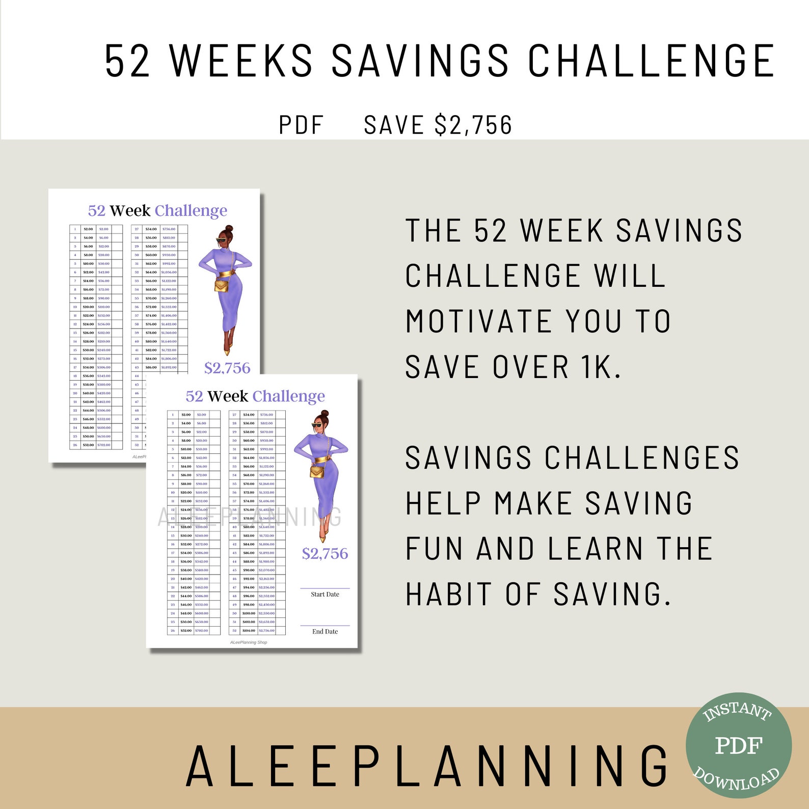 52 Week Money Savings Challenge Printable 52 Week Tracker 2 Dollar ...