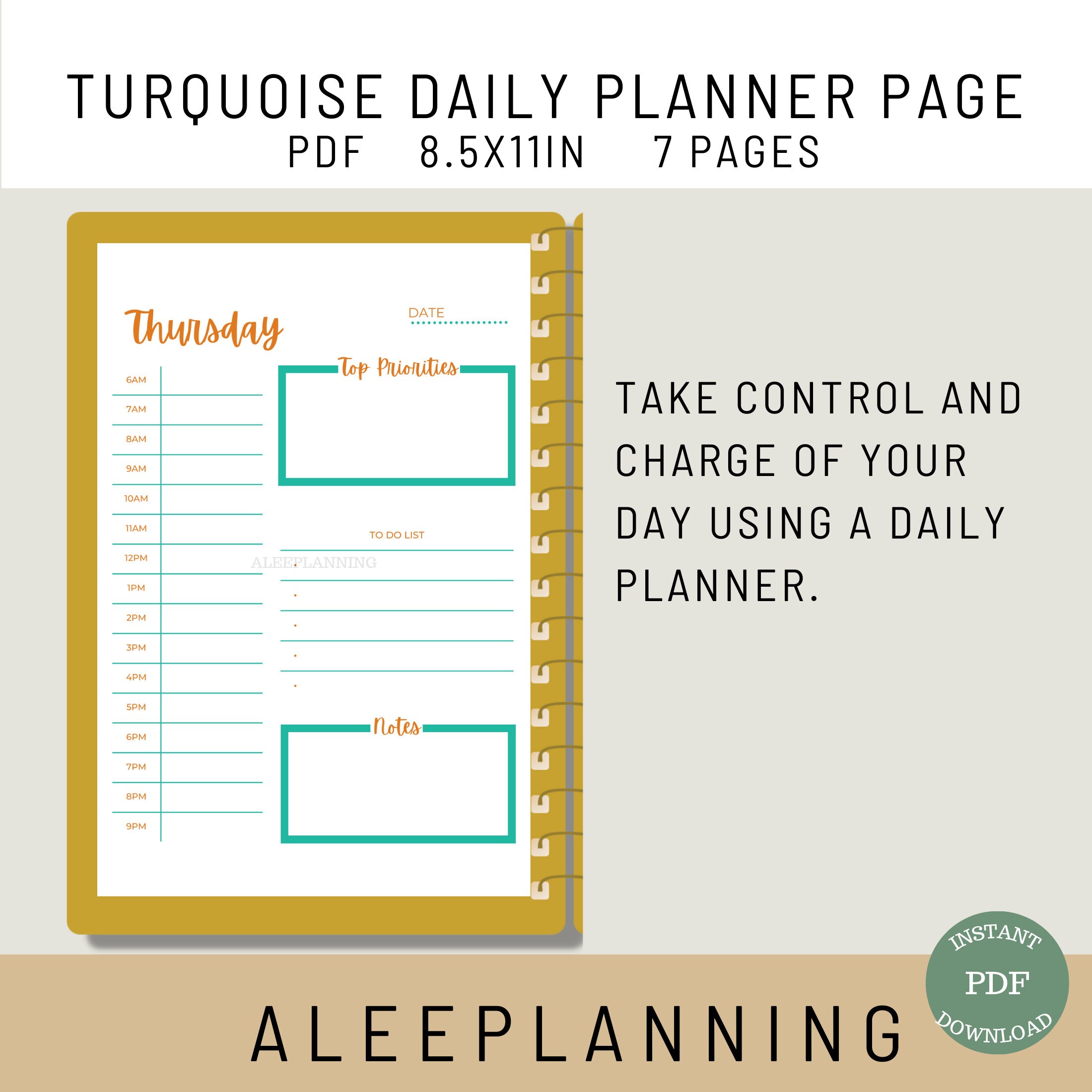 Turquoise Daily Planner Printable Daily Schedule Hourly Planner ...