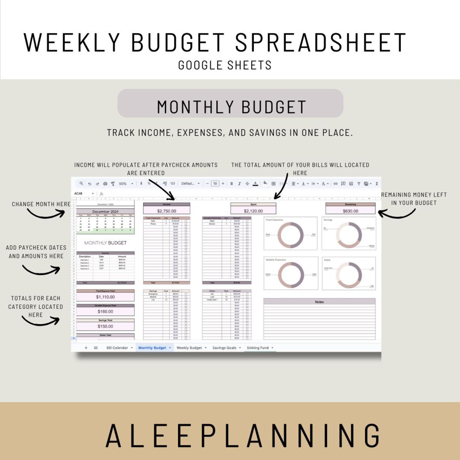 Weekly Budget Spreadsheet: Google Sheets Budget Calendar (digital ...