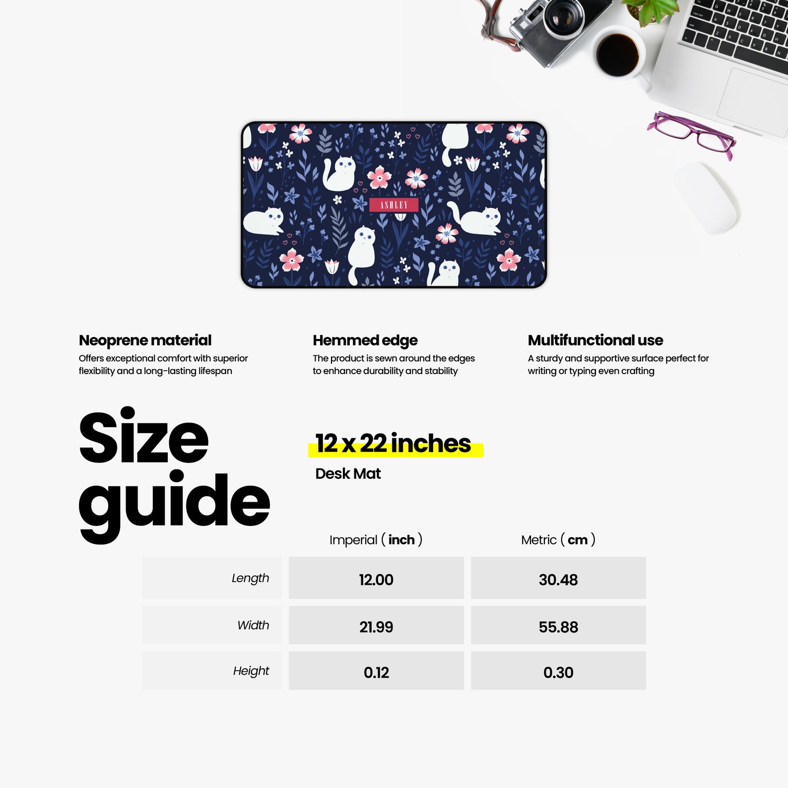 Custom Kitty Desk Mat Cute White Cats Floral Flowers Gaming XL XXL ...