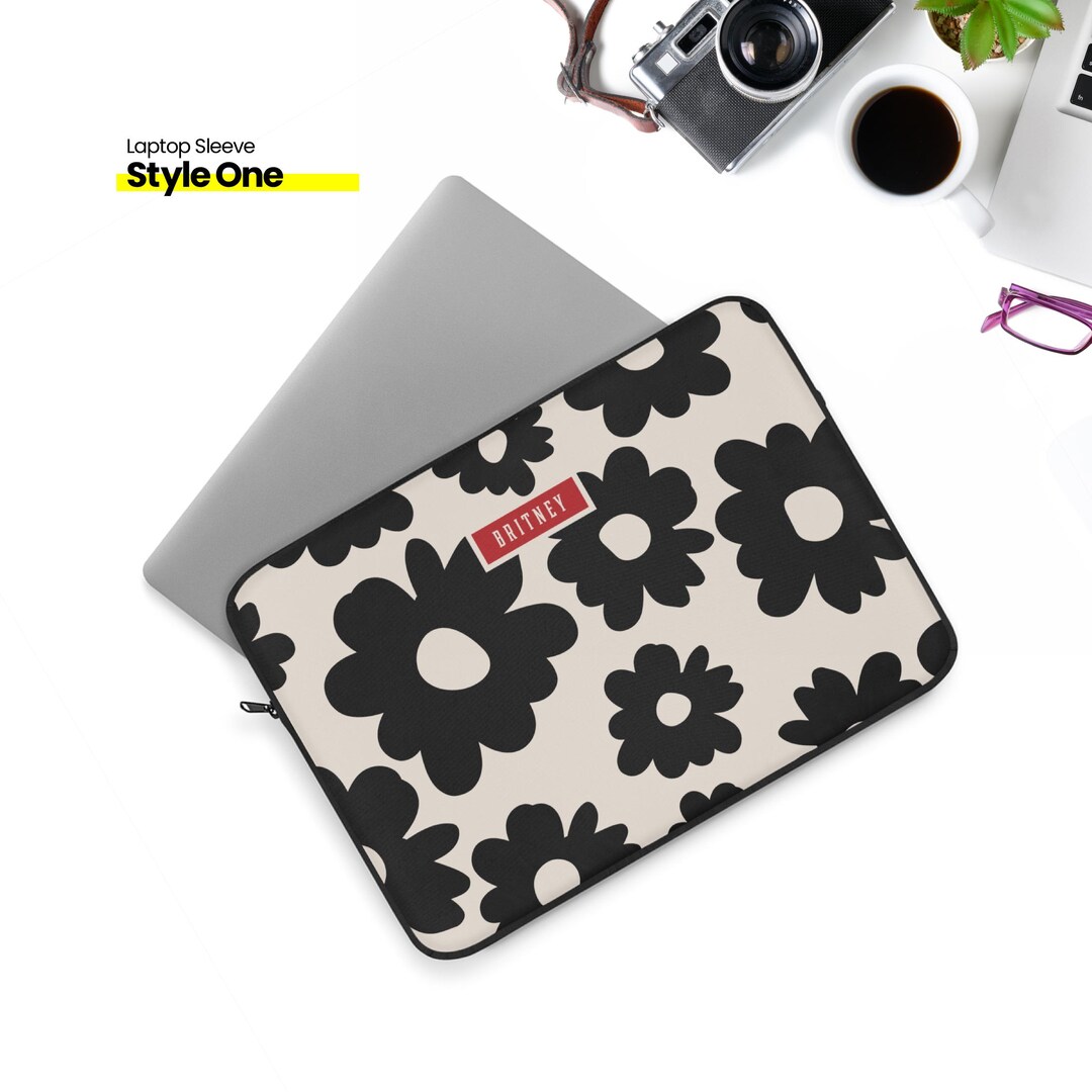 Personalized Black White Aesthetic Laptop Sleeve Floral Simple Modern ...