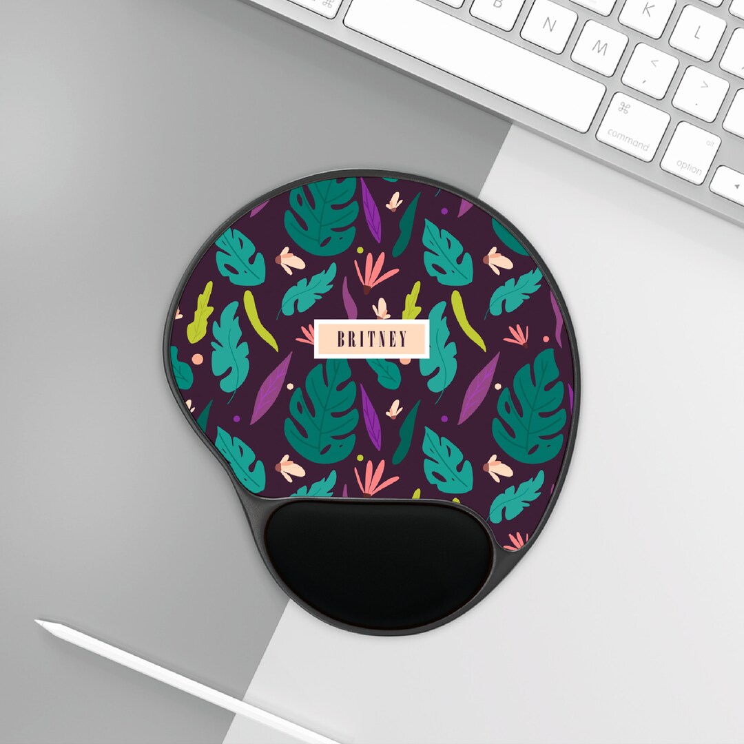 Custom Padded Mouse Pad Cute Aesthetic Purple Tropical Teal Leaf Green ...