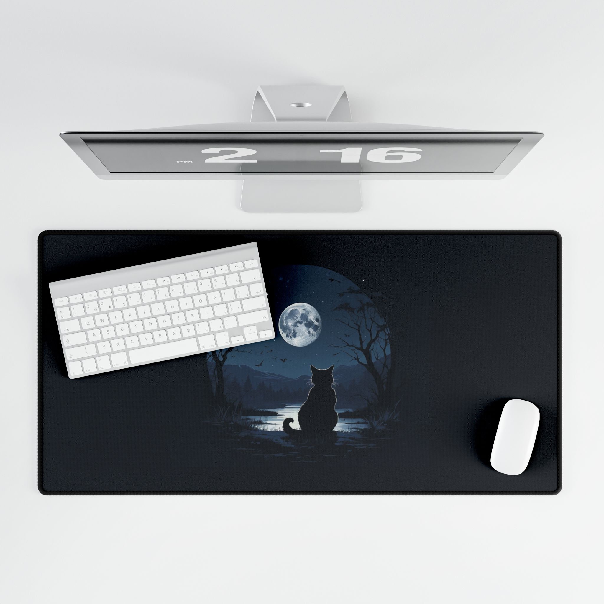 Cat Desk Mat Aesthetic Kitty Cat Sitting on Hill Looking at Night Moon ...