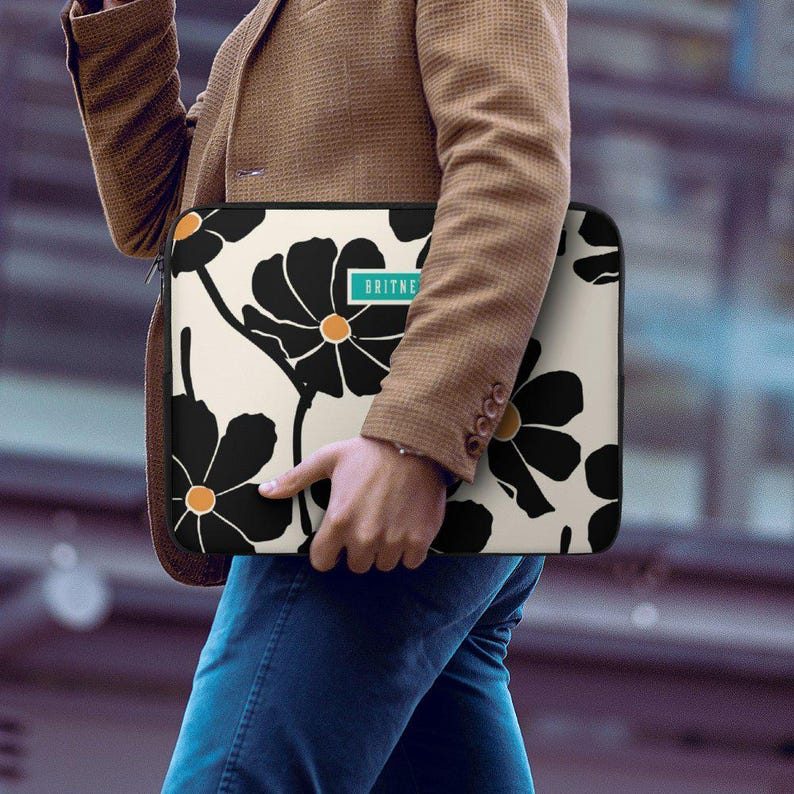 Personalized Laptop Sleeve Aesthetic Floral Abstract Black White Modern ...