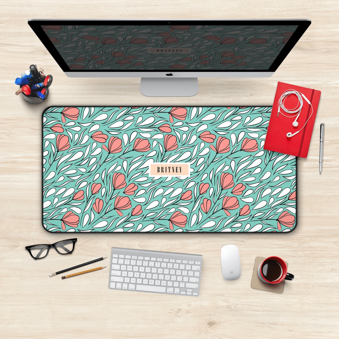 Gaming Aesthetic Desk Mat Custom Name Cute Pastel Teal Green Botanical ...