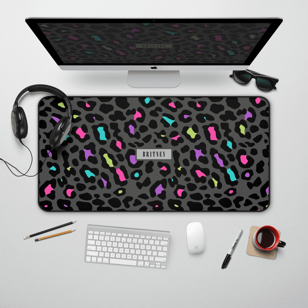 Leopard Print Desk Mat Cute Custom Name Gaming XL XXL Gray Retro Animal ...