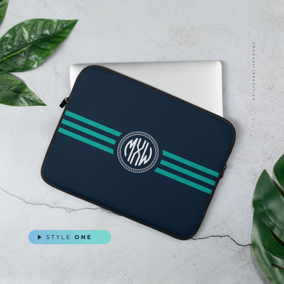 Personalized Navy Blue Laptop Sleeve: Nautical Monogram, Striped Laptop ...