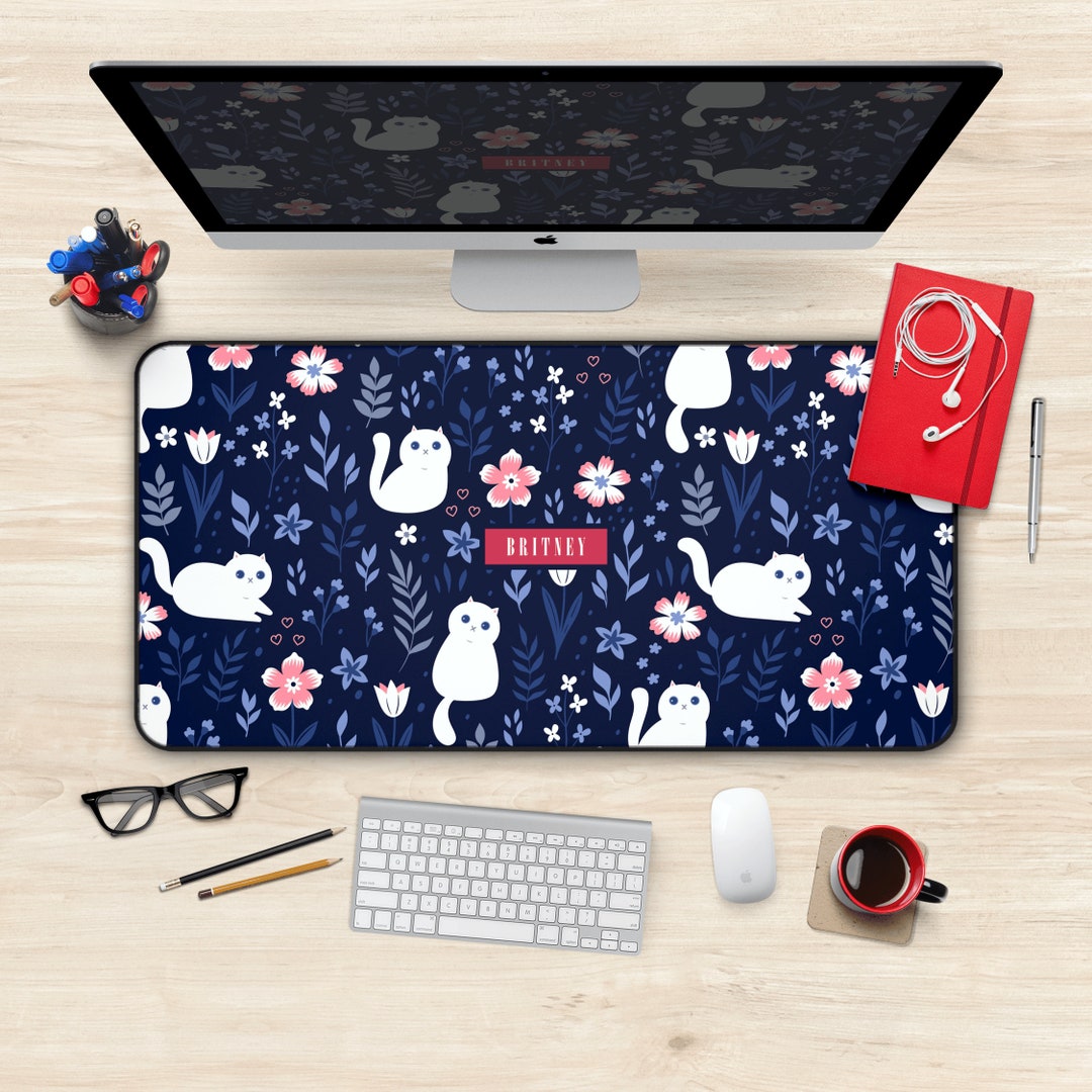 Custom Kitty Desk Mat Cute White Cats Floral Flowers Gaming XL XXL ...