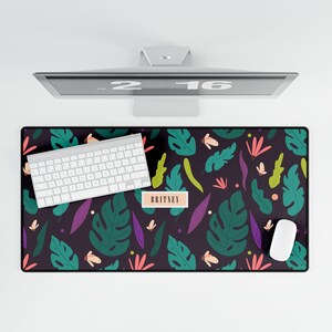 Cute Aesthetic Desk Mat Custom Name Purple Tropical Floral Teal Leaf ...
