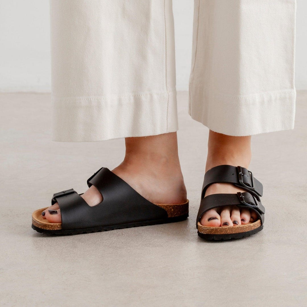 Cork Slide Sandals for Women Original Cushioned Footbed Vegan Leather ...