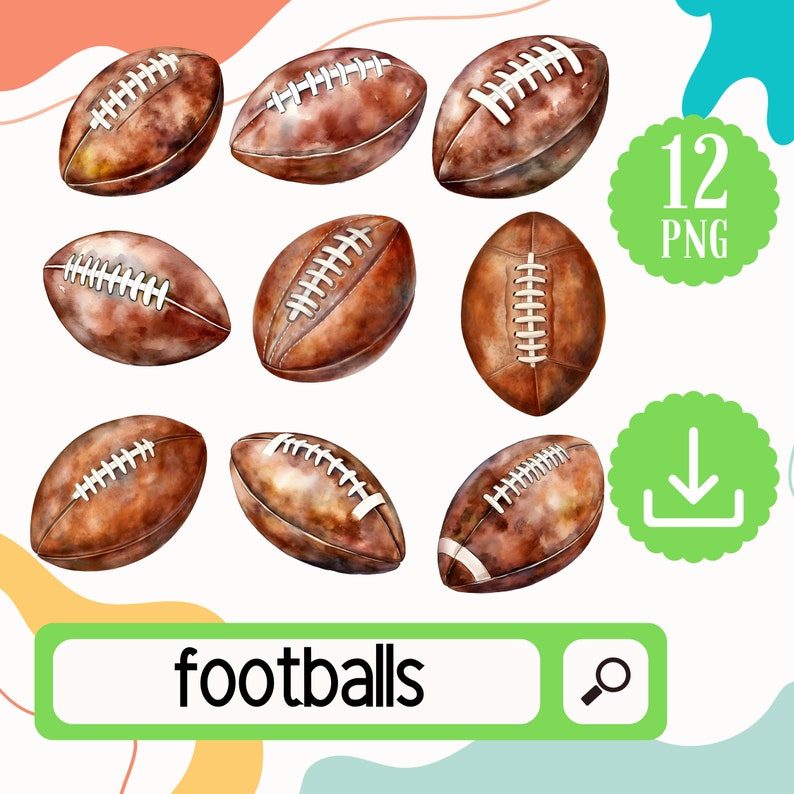 Footballs Clipart PNG. 12 Watercolor Football Graphics Digital Download ...