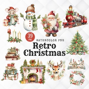 Watercolor Retro Christmas Clipart Set. 39 Vintage Christmas PNG Set ...