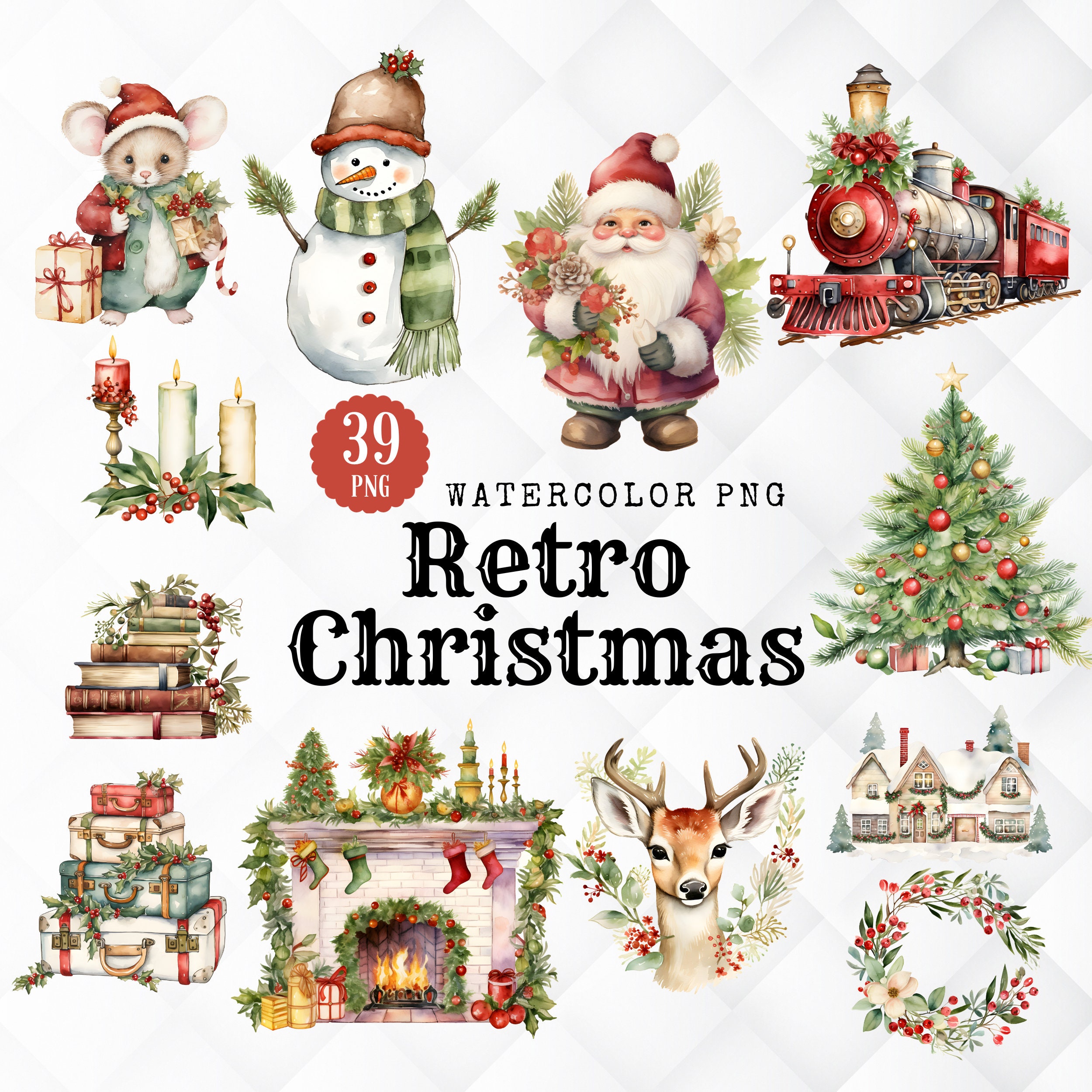 Watercolor Retro Christmas Clipart Set. 39 Vintage Christmas - Etsy