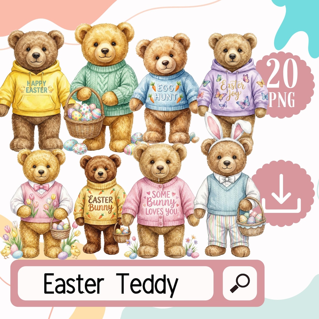 Easter Teddy Bear Clipart Bundle – Cute Spring Bear Pngs With Baskets ...