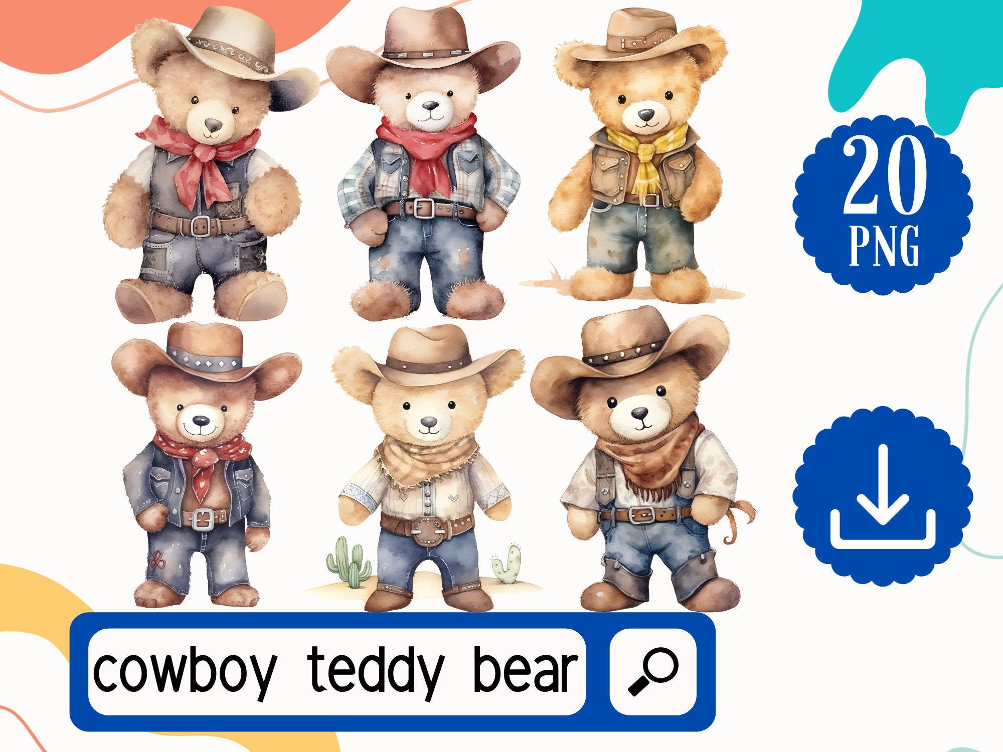 Cowboy Teddy Bear Clipart PNG. Watercolor Teddy Bear Western Cowboy ...