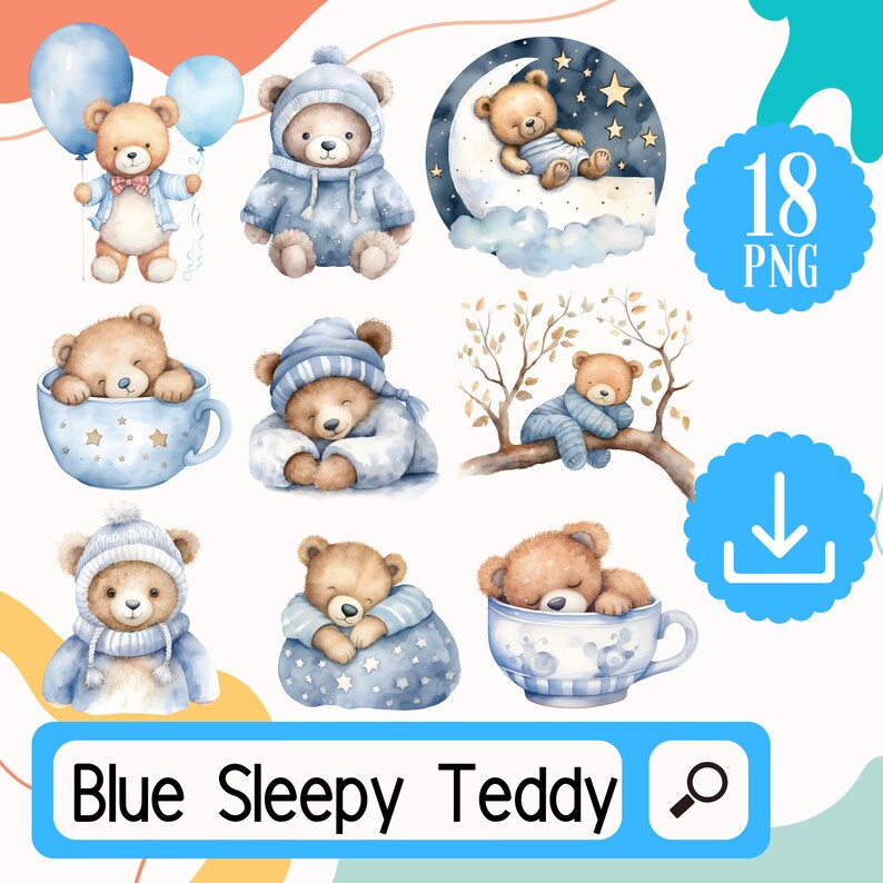 Watercolor Blue Sleepy Teddy Bear Set. 17 PNG Blue Teddy Boys Nursery ...