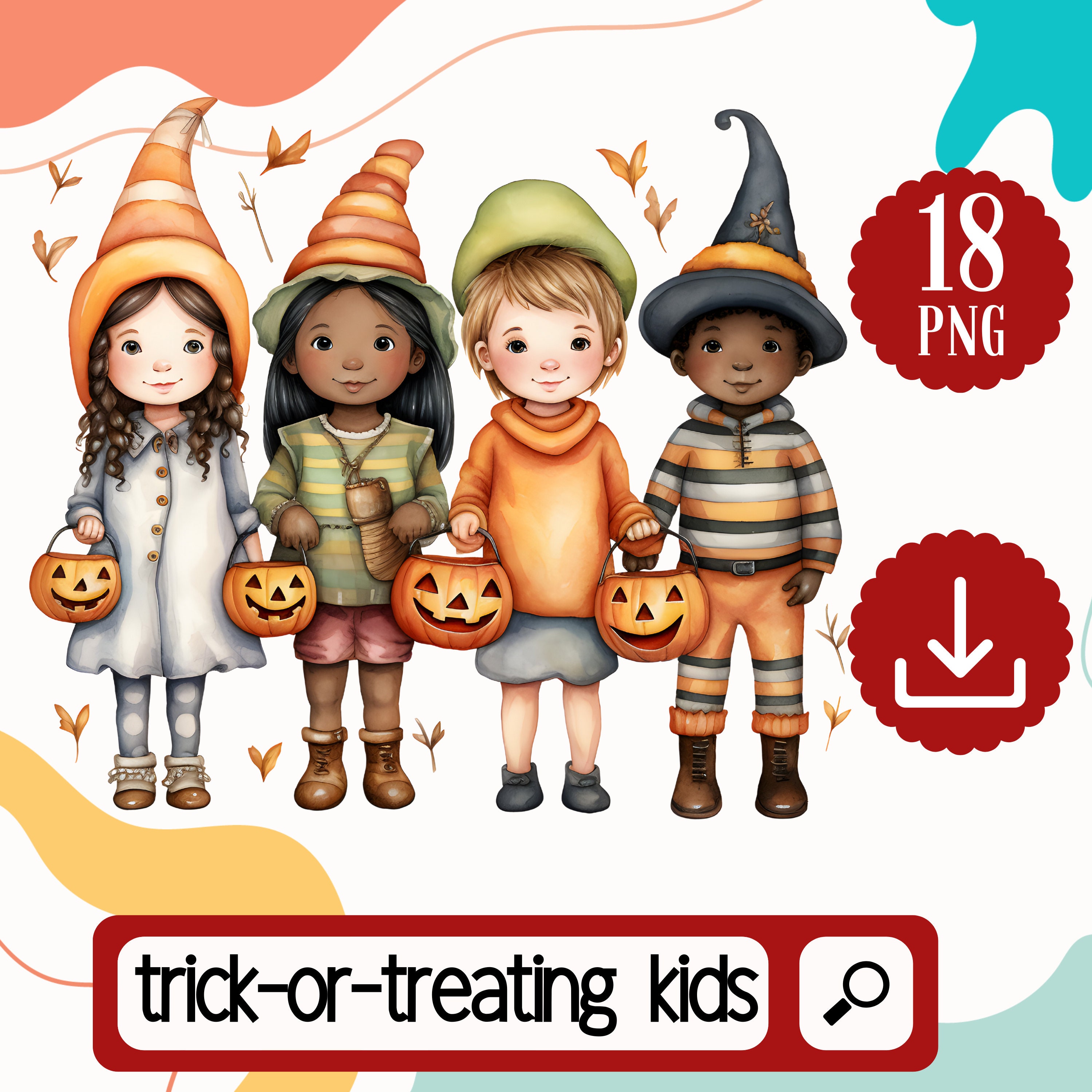Watercolor Trick or Treating Children PNG Clipart. 18 Halloween Kids ...