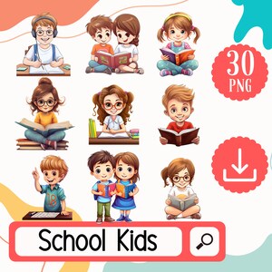 School Kids and School Activities Clipart Set - 30 PNG Students in ...