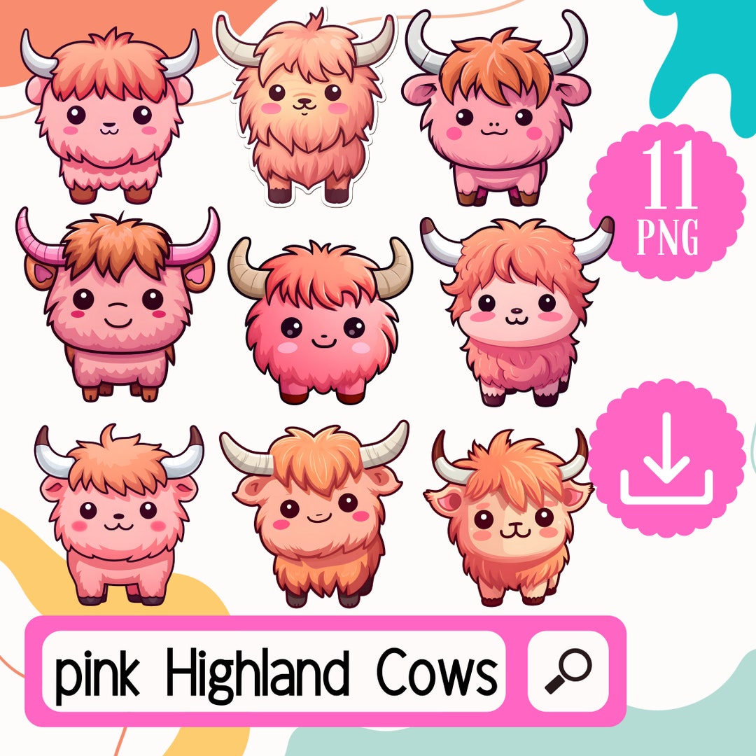 Adorable Pink Highland Cows Clipart Bundle. 11 PNG Cute Highland Cows ...