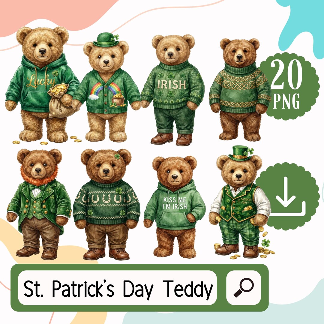 St. Patrick’s Day Teddy Bear Clipart Bundle – Cute Irish Bear Pngs for ...