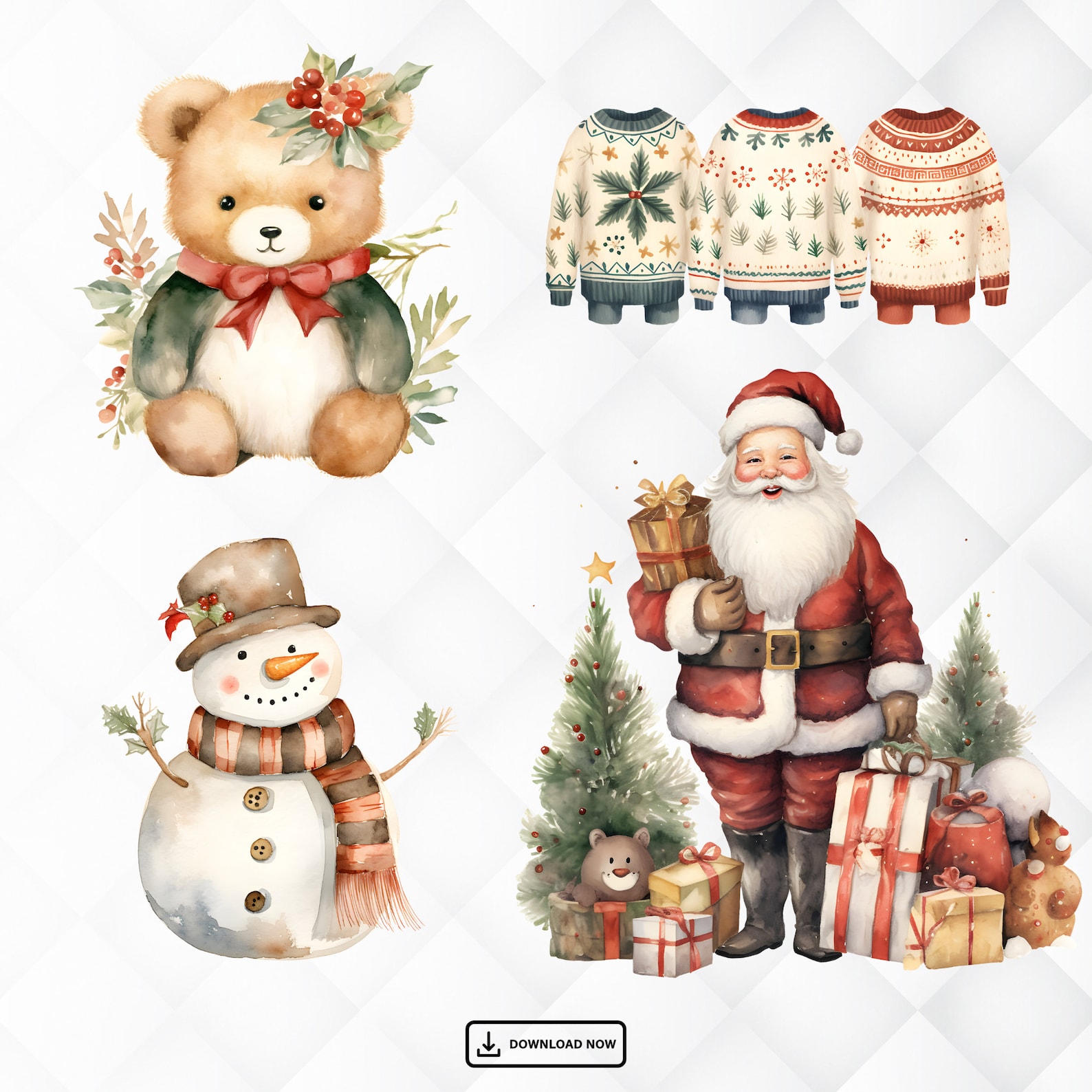 Watercolor Retro Christmas Clipart Set. 39 Vintage Christmas PNG Set ...