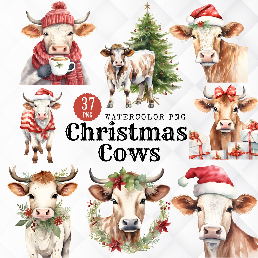 Watercolor Christmas Cows Clipart. 19 Winter Christmas Cows PNG ...