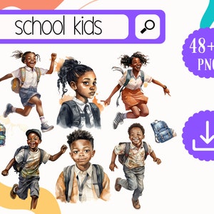 Black School Kids Clipart, Back to School Black Watercolor Girls and ...