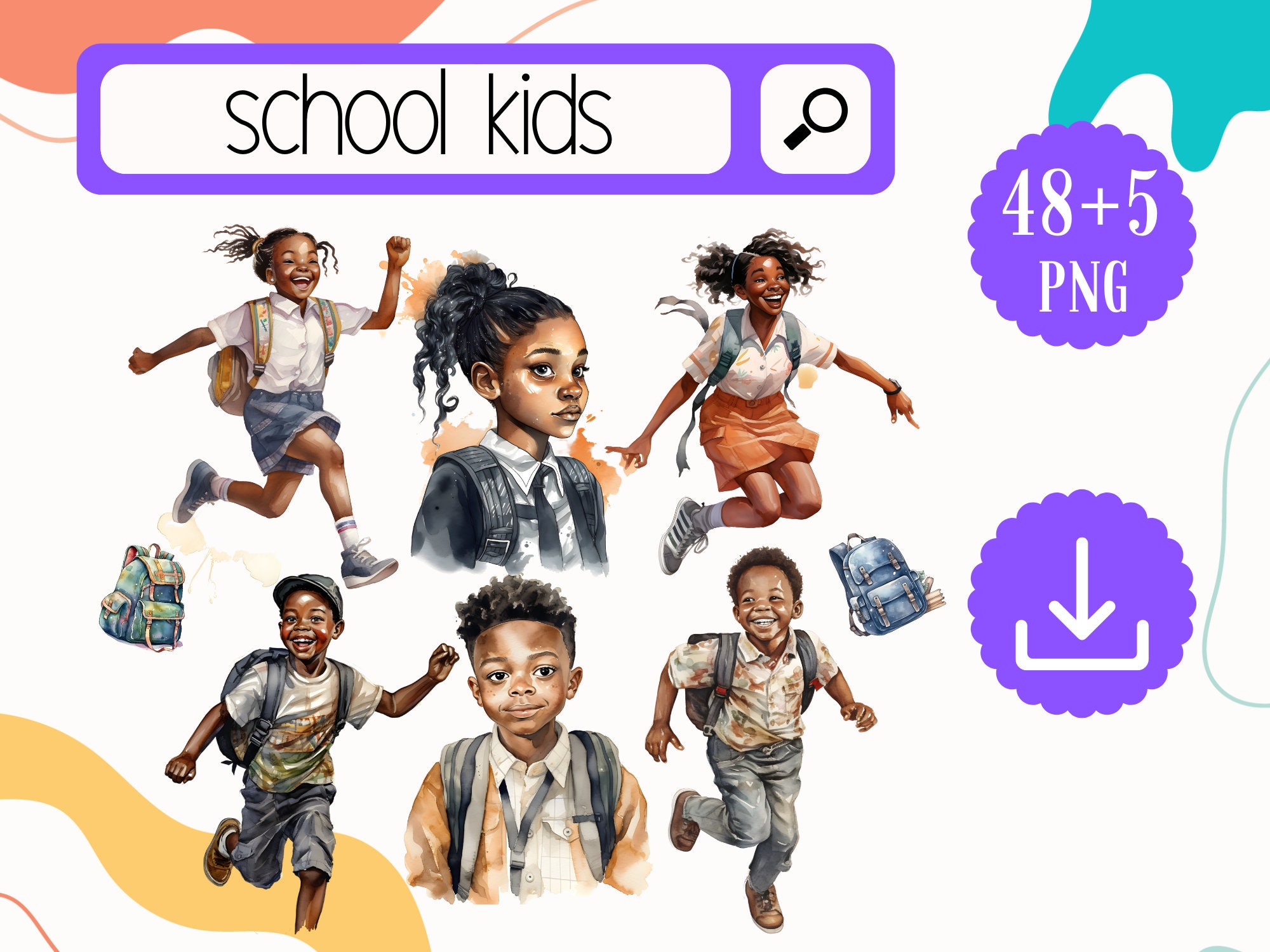 Black School Kids Clipart, Back to School Black Watercolor Girls and ...