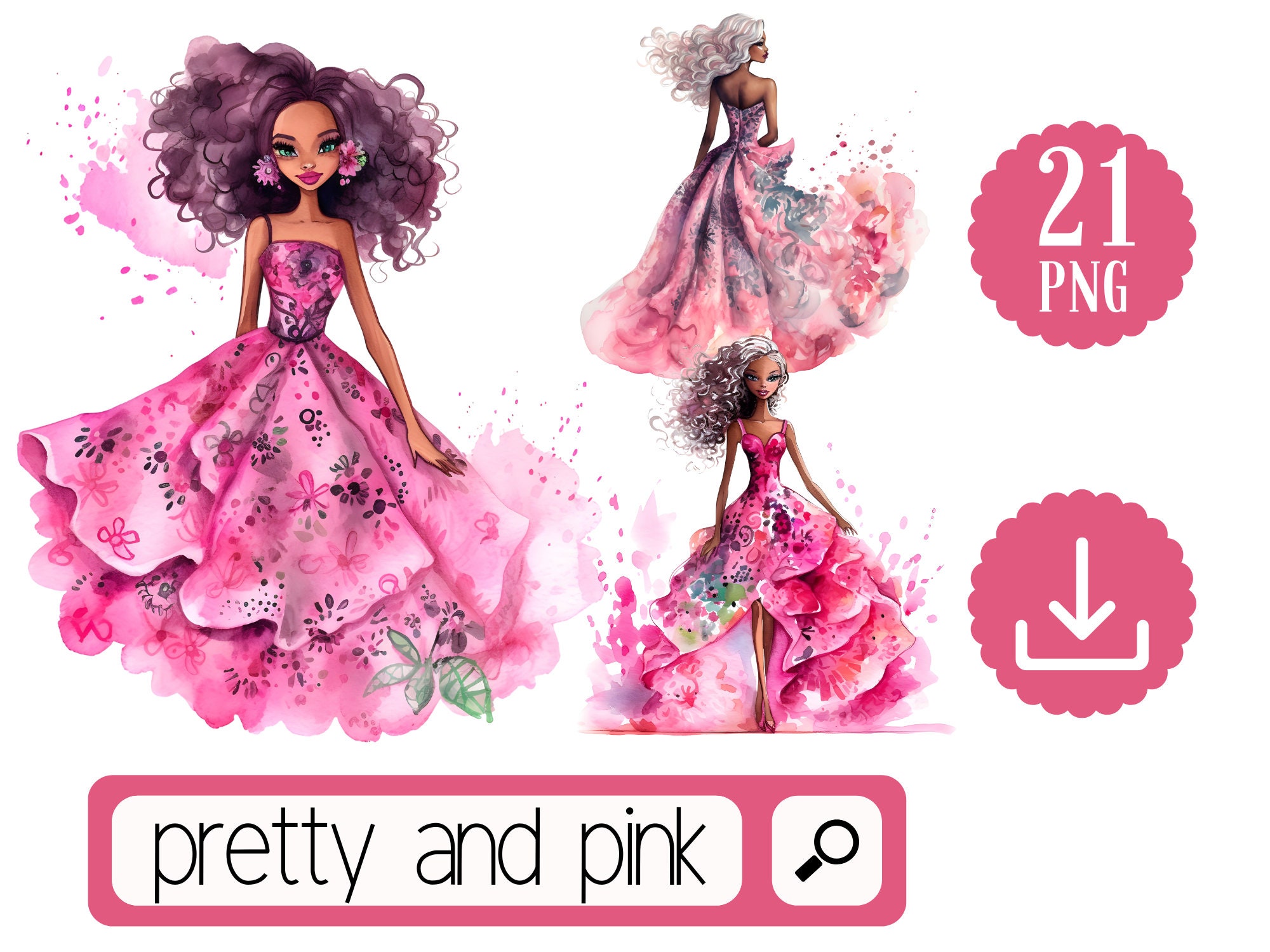 Pretty Black Girls Pink Dress Watercolor Clipart. Cute Girls. - Etsy