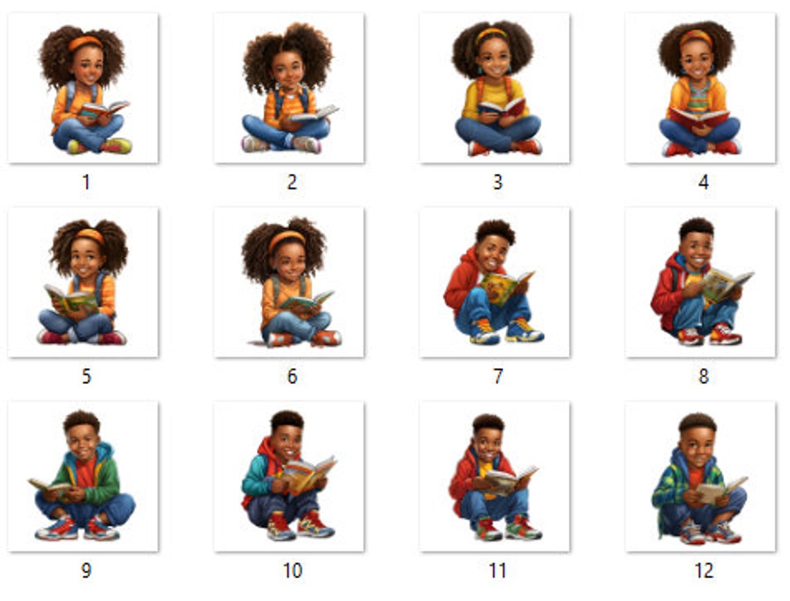 Black Kids Reading Clipart PNG. 12 Boys and Girls Bookworm Black ...