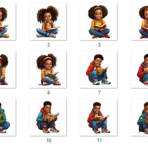 Black Kids Reading Clipart PNG. 12 Boys and Girls Bookworm Black ...
