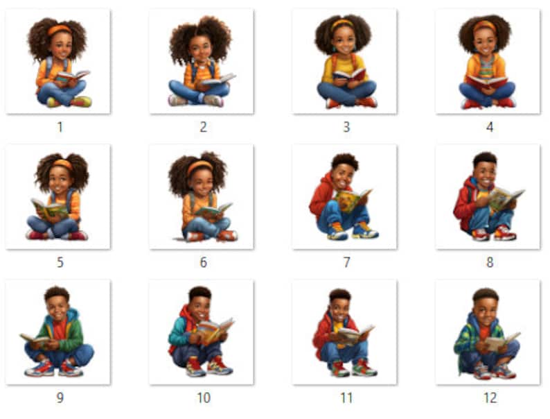 Black Kids Reading Clipart PNG. 12 Boys and Girls Bookworm Black ...