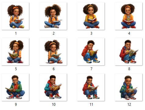 Black Kids Reading Clipart PNG. 12 Boys and Girls Bookworm Black ...