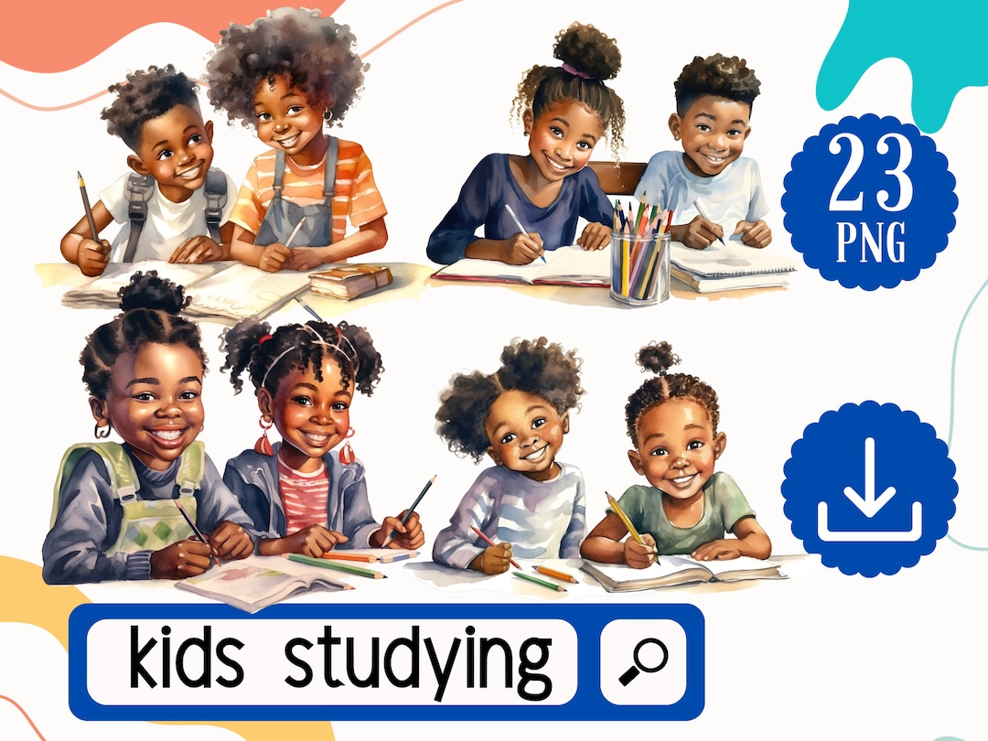 Black Kids Studying Clipart PNG Bundle. 23 Kids Children Clipart ...