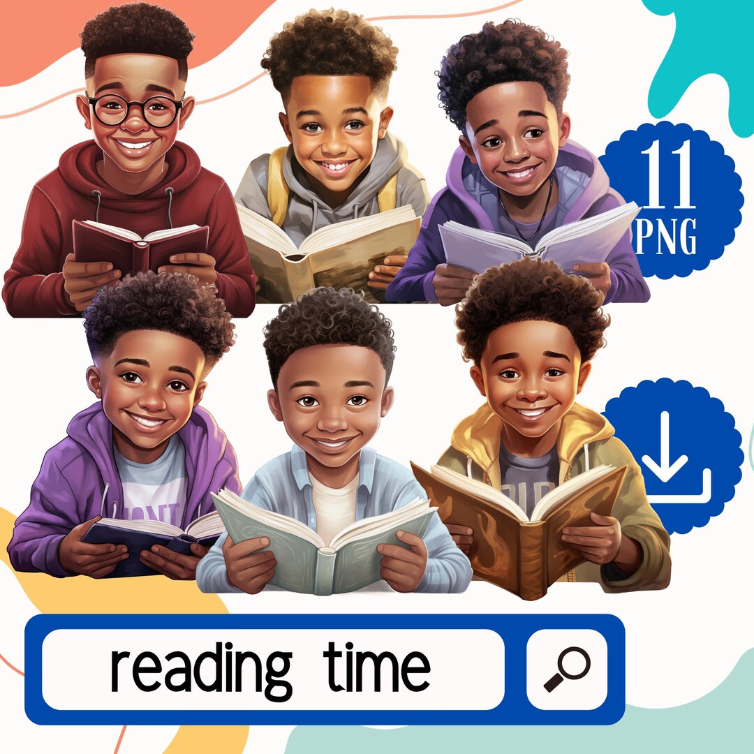 Black Boys Reading. 11 Black Kids With Books Clipart. African American ...